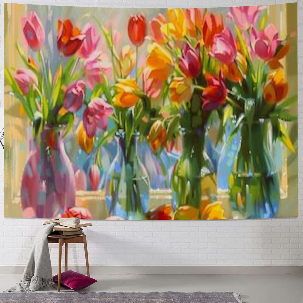 JEUXUS Tapestry Wall Hanging Vintage Floral, Tulips on the Windowsill ...