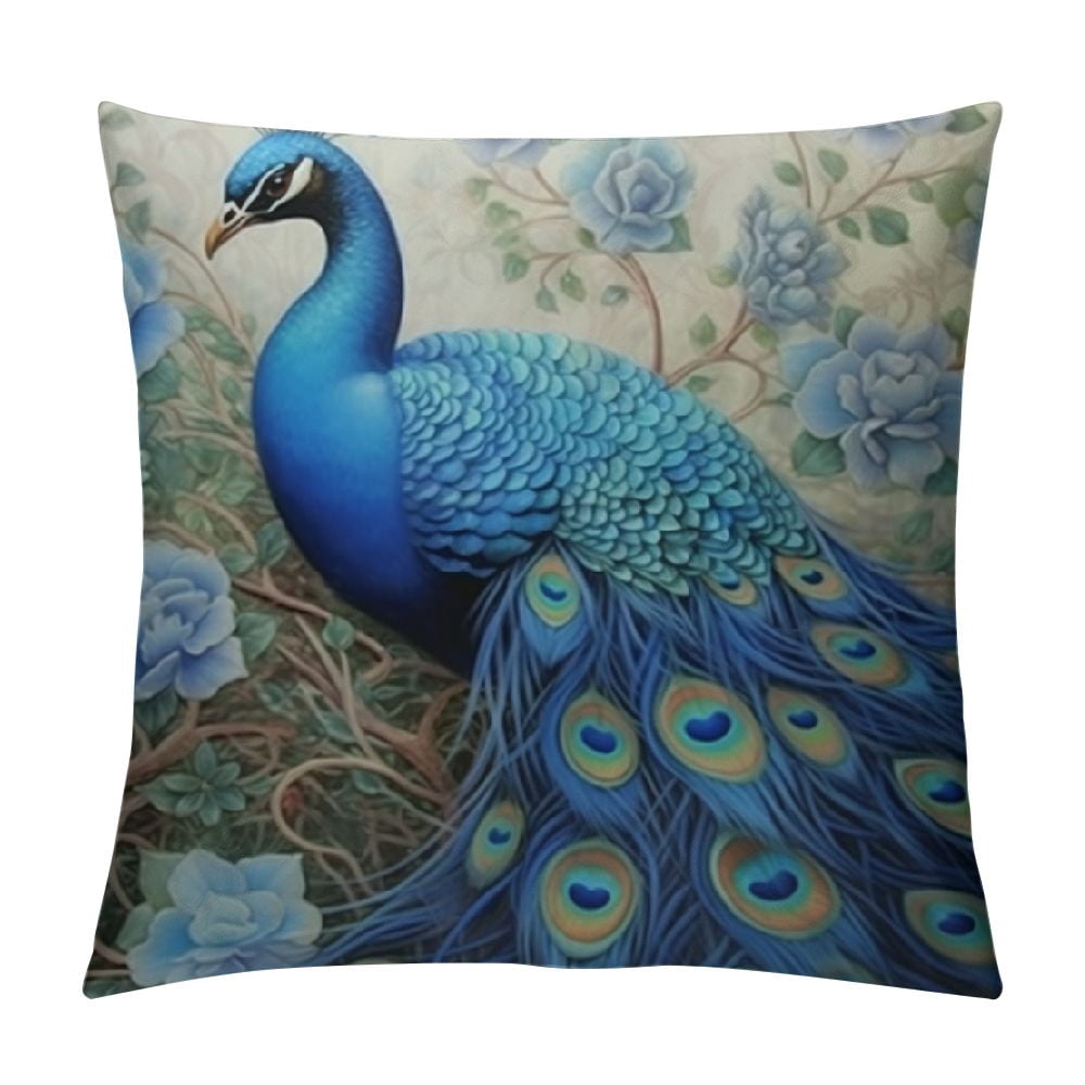 RUIYC Teal Peacock Throw Pillow Covers, Watercolor Blue Teal Vintage ...