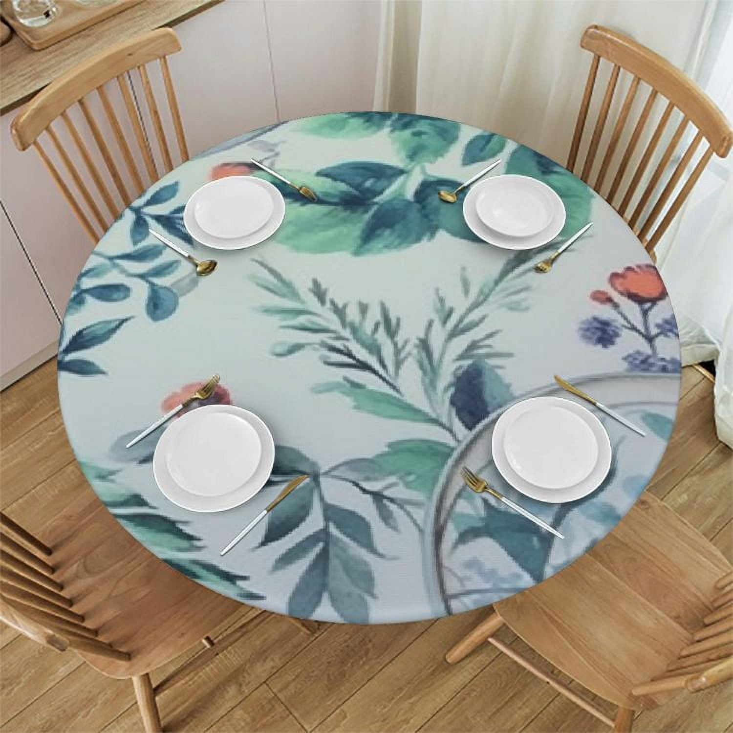 JEUXUS Teal Spring Floral Round Tablecloth- Waterproof Table Cloth ...