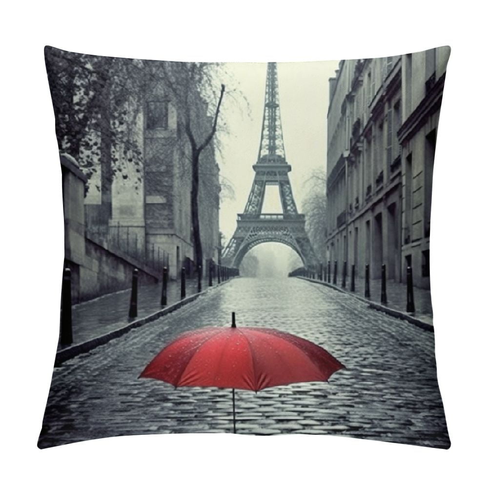RUIYC Throw Pillow Cases Paris Eiffel Tower Red Umbrella Color Painting ...