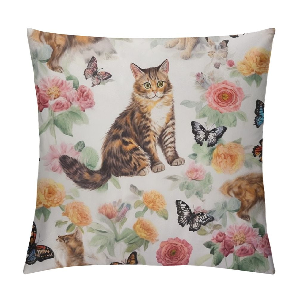 JEUXUS Throw Pillow Cover Cats and Butterflies Lovely Animal Cute ...