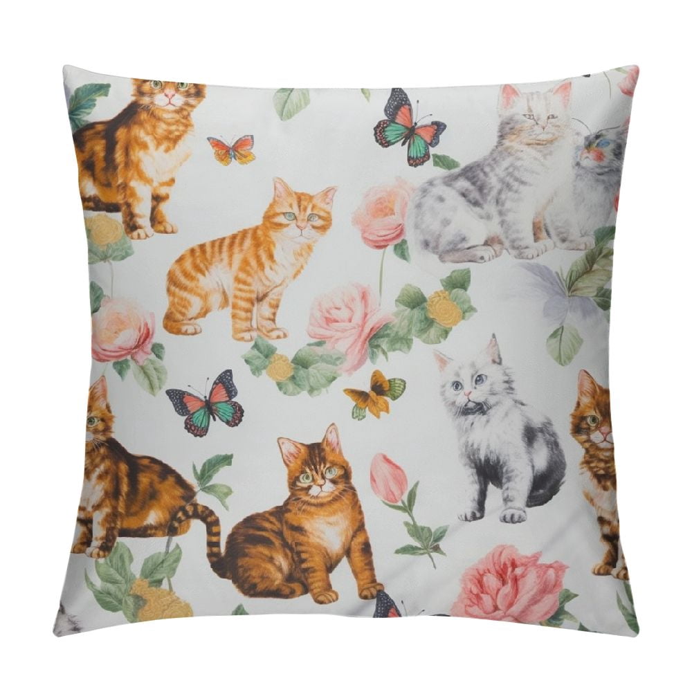 JEUXUS Throw Pillow Cover Cats and Butterflies Lovely Animal Cute ...