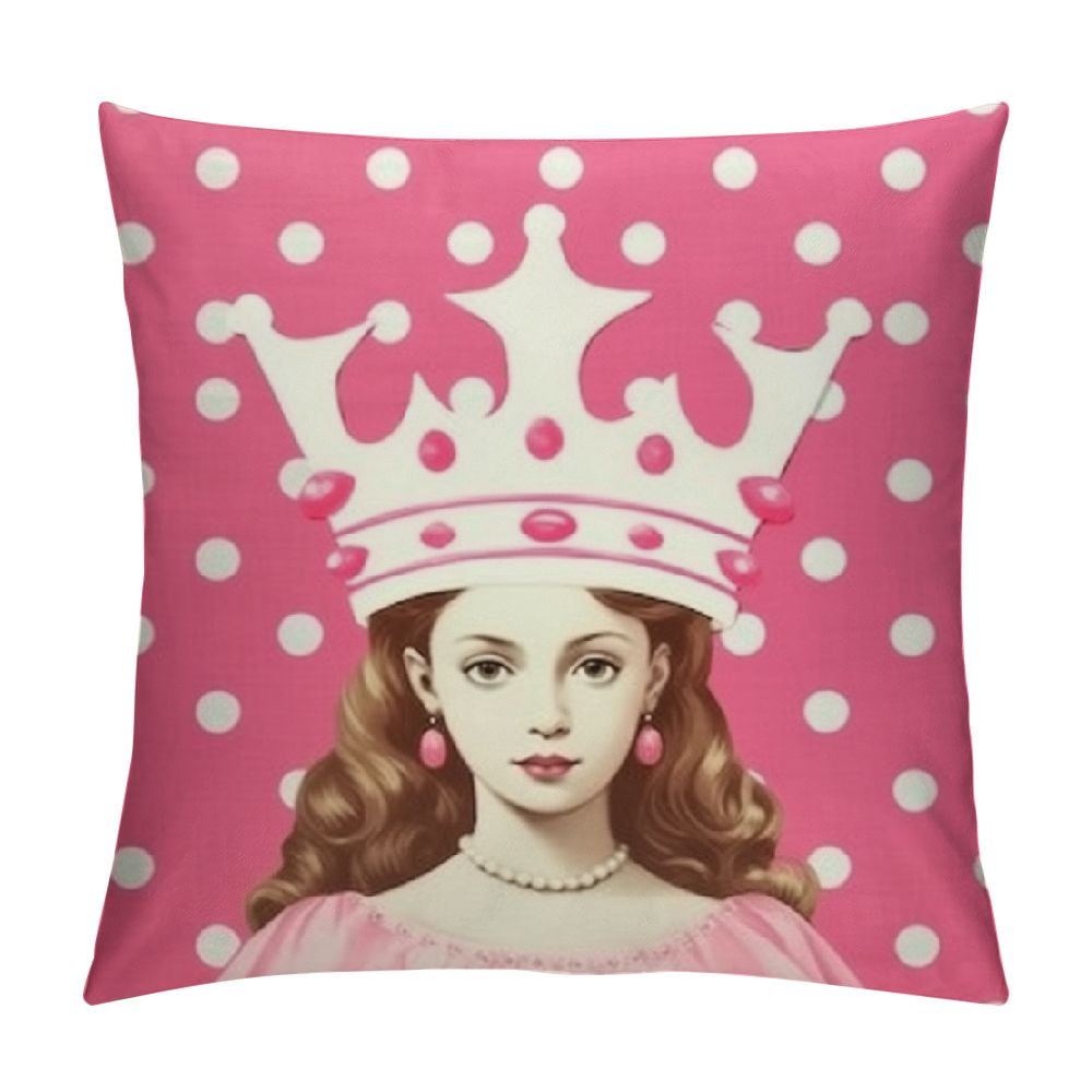 JEUXUS Throw Pillow Cover Princess and White Crown on Pink Dot Pillow ...