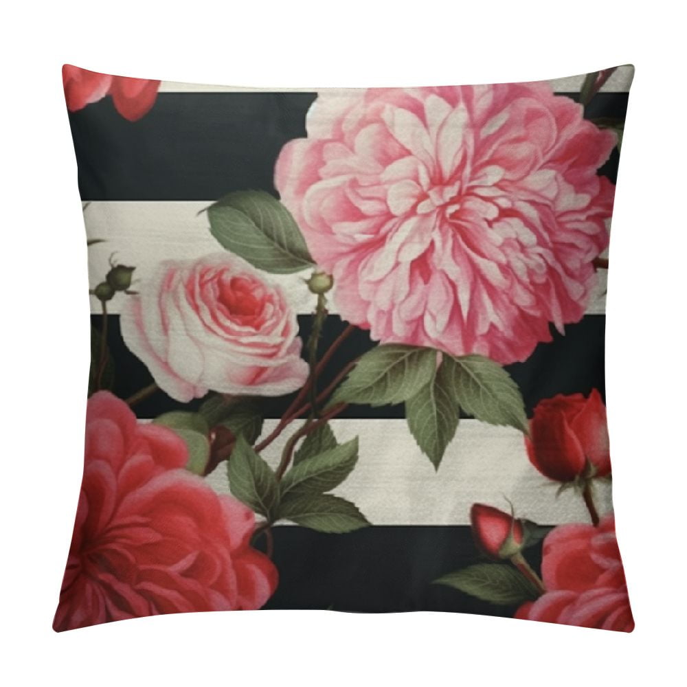 JEUXUS Throw Pillow Covers Colorful Floral Peony and Roses Black and ...