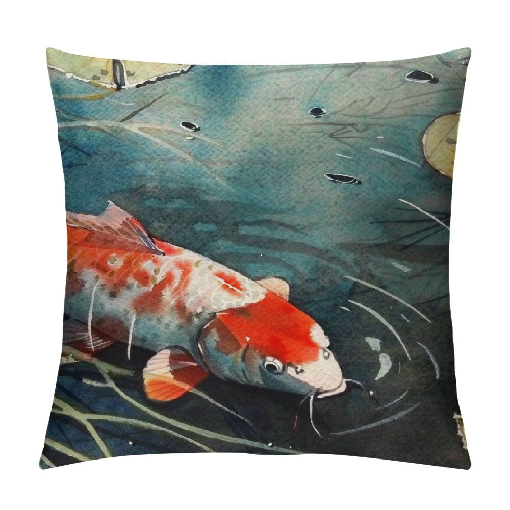 JEUXUS Throw Pillow Covers Koi Fish Water Lily Pond White Red Carp ...