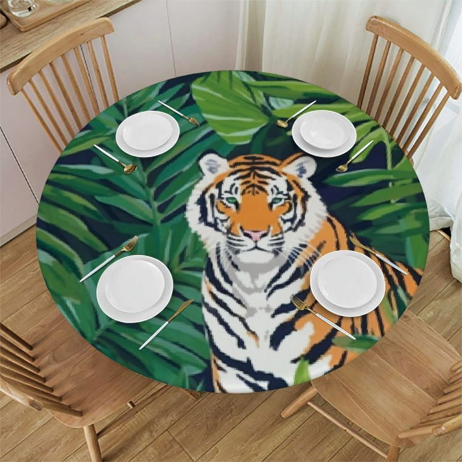 JEUXUS Tiger Green Leaves Jungle Fitted Round Tablecloth Waterproof ...
