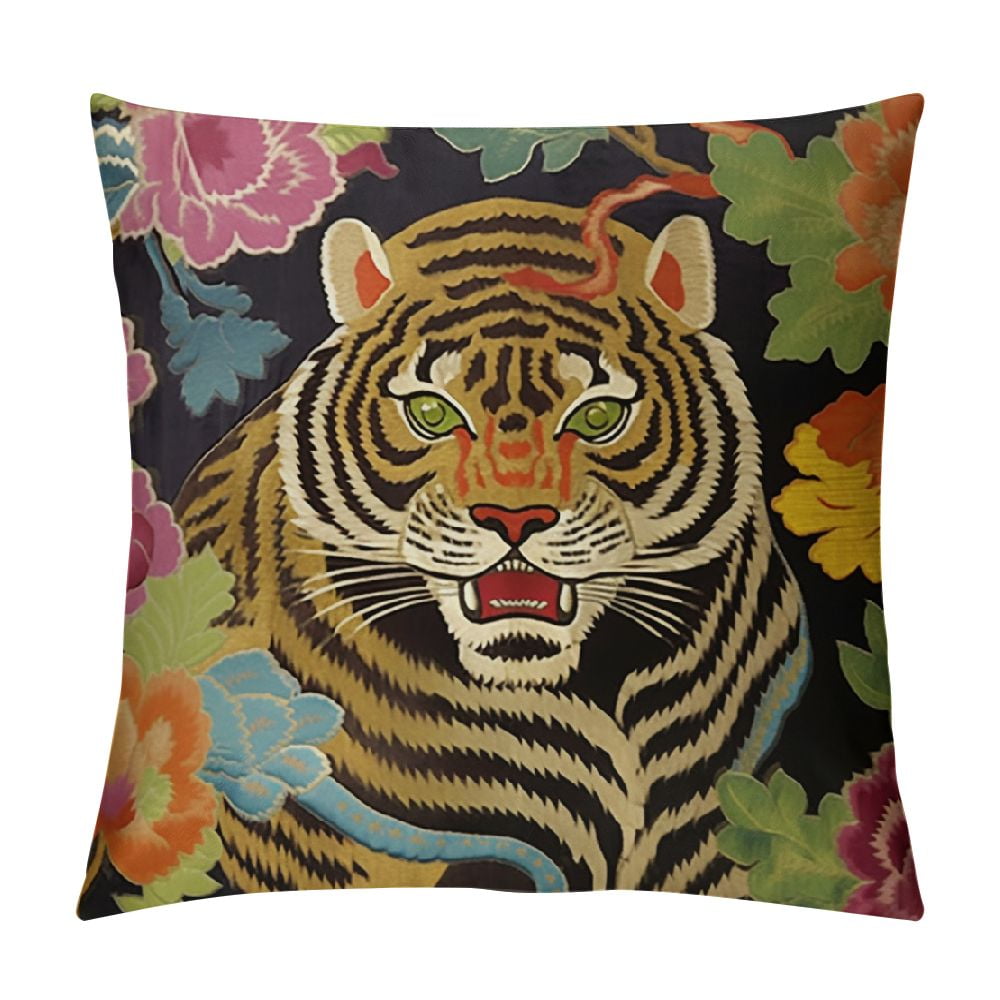 JEUXUS Tiger Pillow Cover Chinoiserie Animal Print Tiger Stripe ...