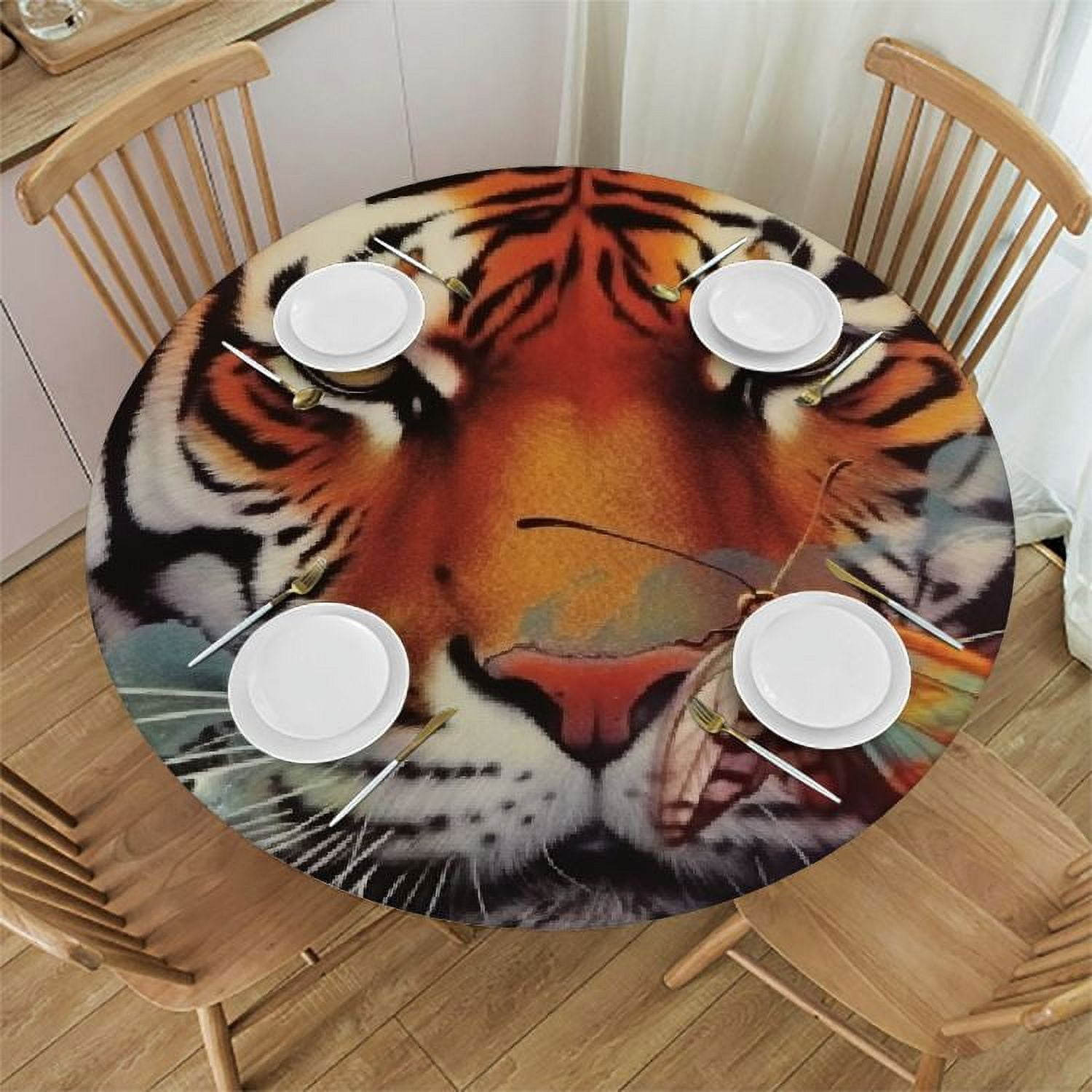RUIYC Tiger Round Fitted Tablecloth with Elastic Edge, Various Symbols ...
