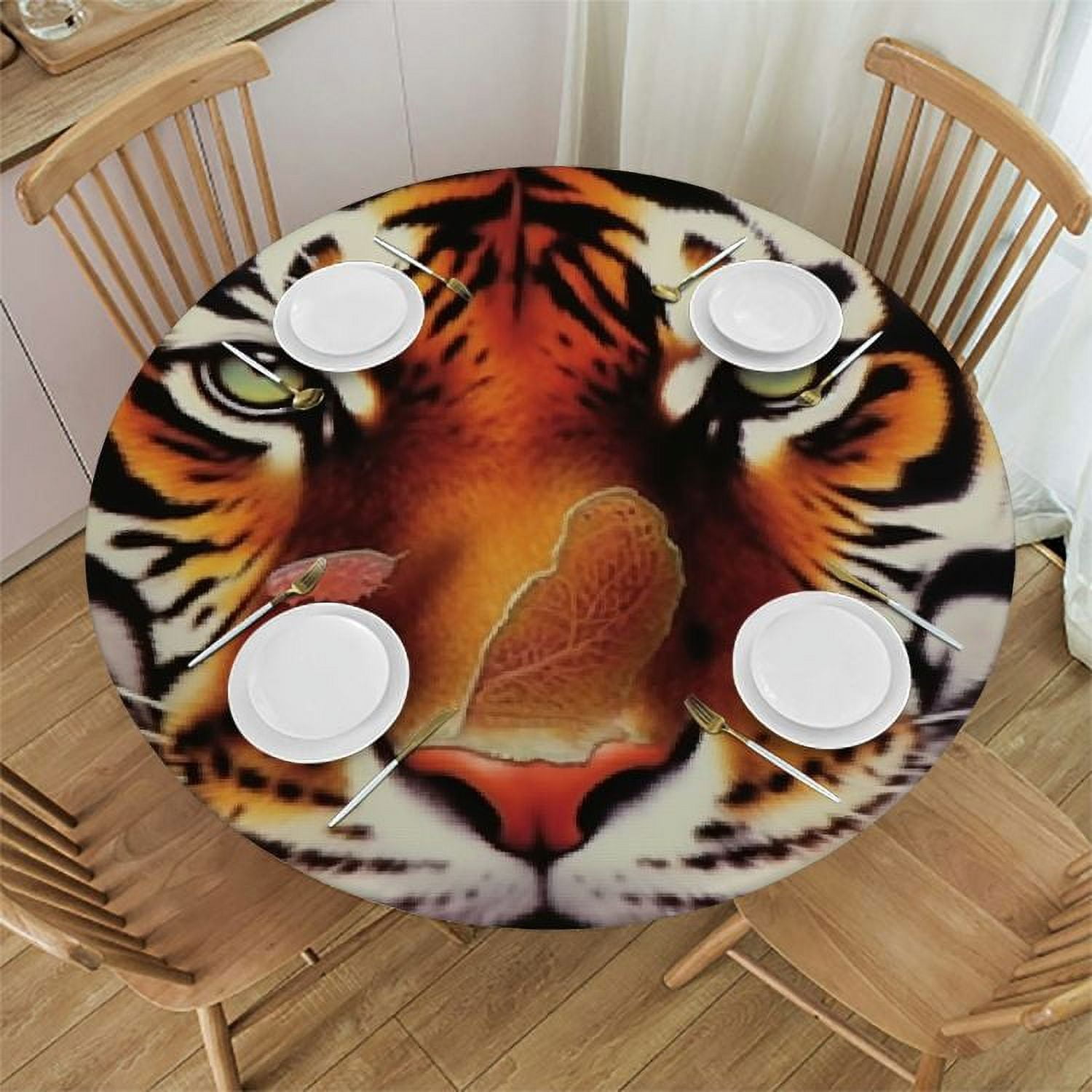 JEUXUS Tiger Round Fitted Tablecloth with Elastic Edge, Various Symbols ...