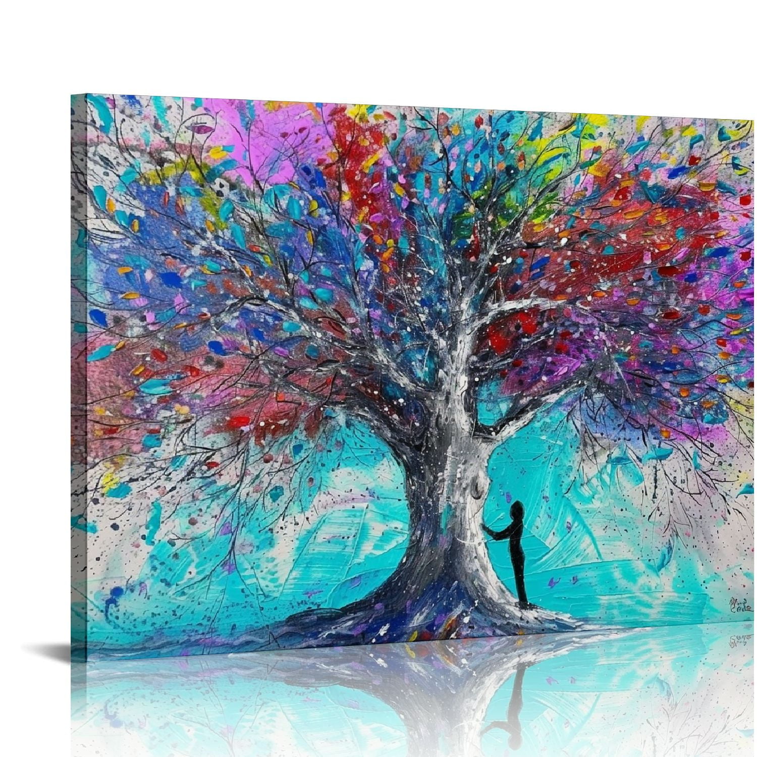 JEUXUS Tree Canvas Wall Art for Living Room, Blue Graffiti Wall Decor ...