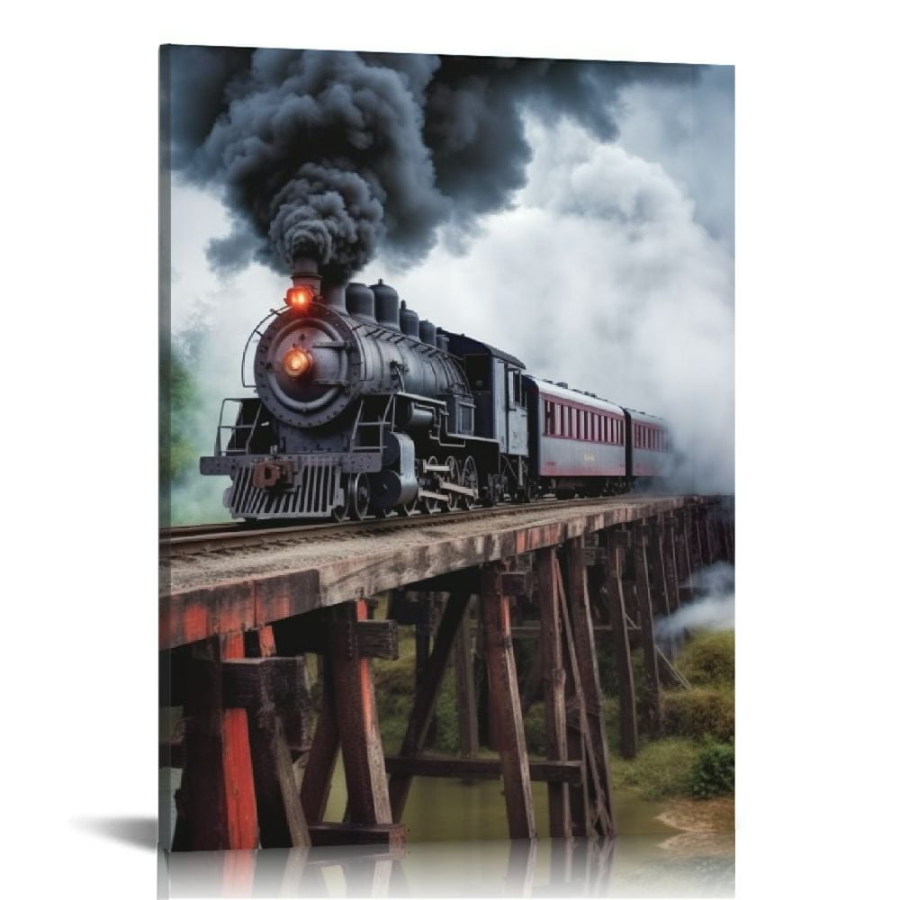 JEUXUS Trestle Bridge Steam Train Locomotives Canvas Poster Bedroom ...