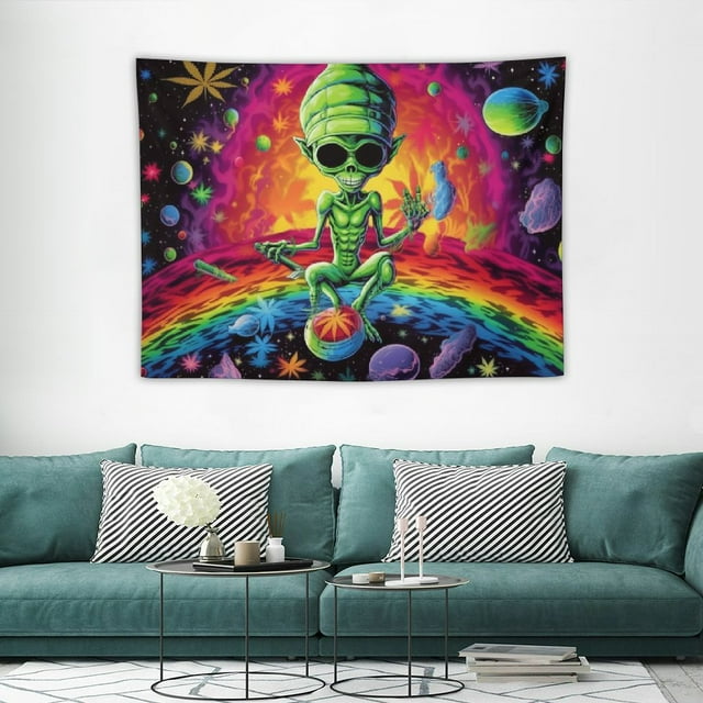 JEUXUS Trippy Weed Marijuana Tapestry Cool Alien Marijuana Leaf Wall ...