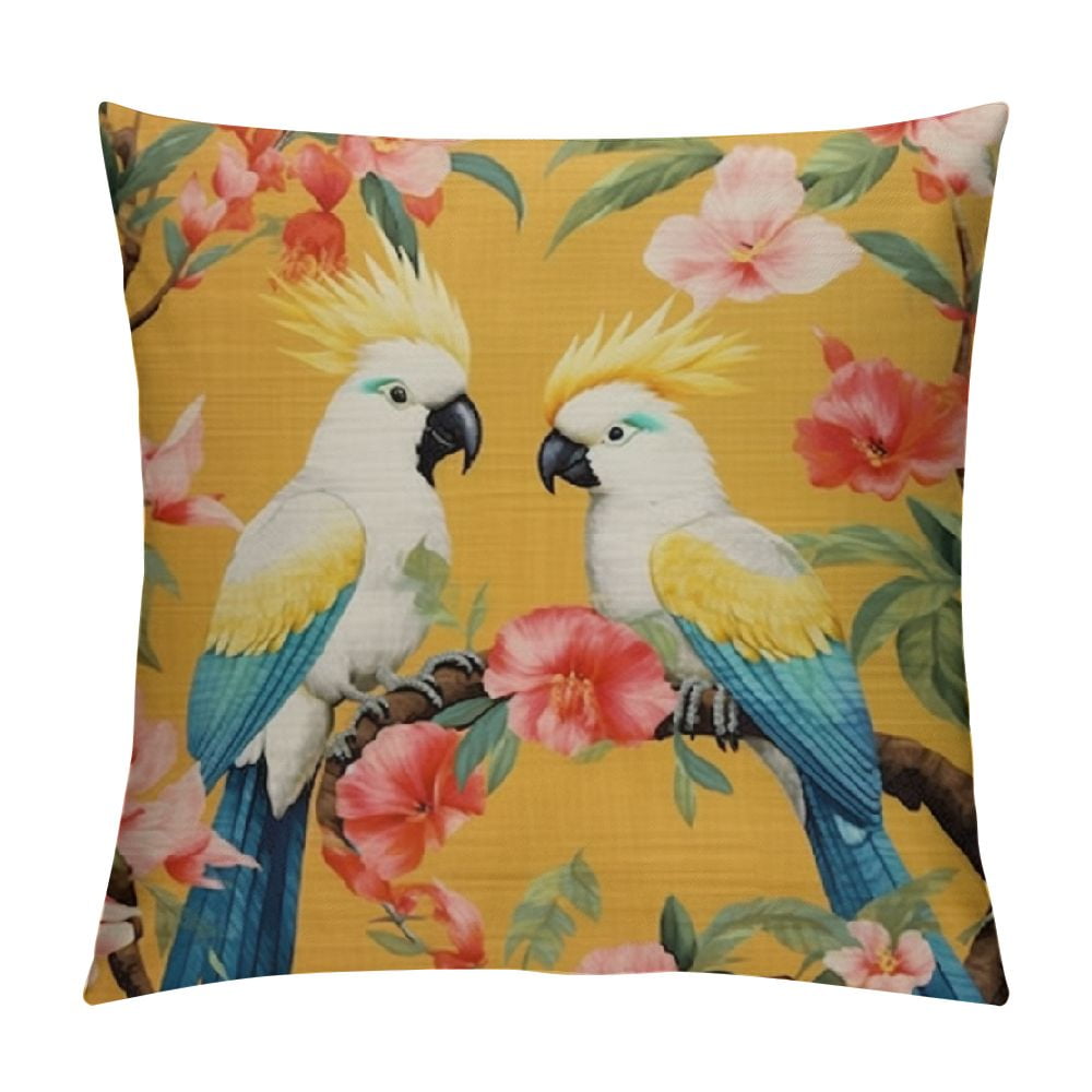 JEUXUS Tropical Birds Toucan Throw Pillow Covers Parrots Flowers Leaves ...