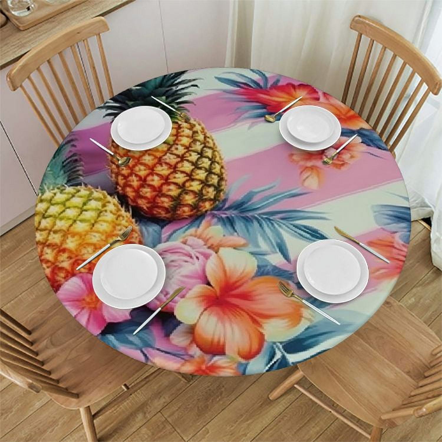 RUIYC Tropical Fruit Pineapple Round Tablecloth Watercolor Blue Palm ...