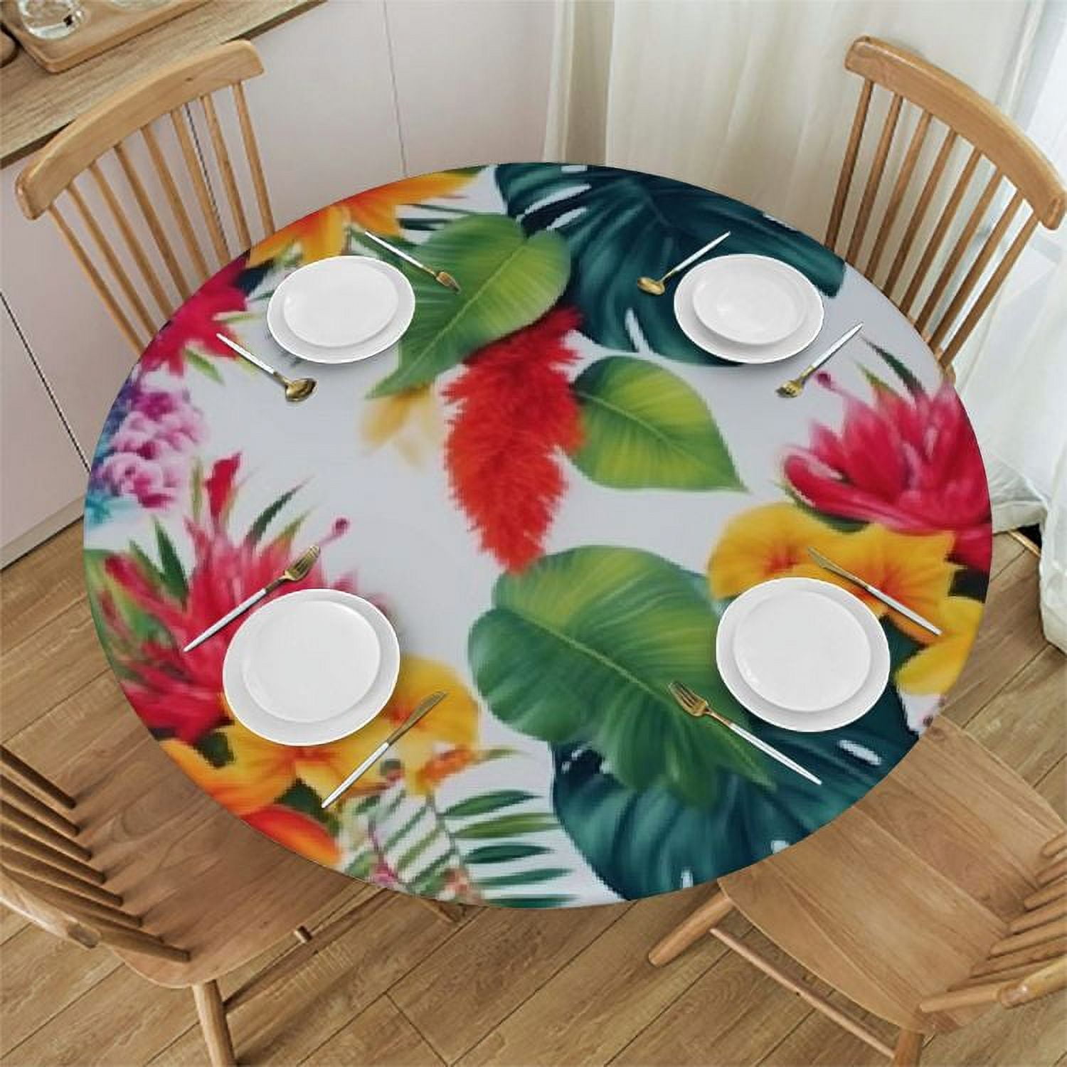 JEUXUS Tropical Palm Hawaiian Flowers Round Tablecloth Fitted Table ...