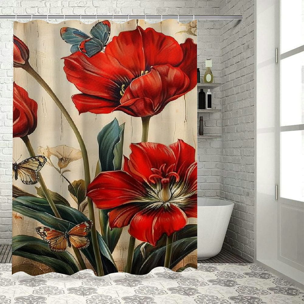 JEUXUS Tulip Flower Red Floral Picture Butterflies Shower Curtain ...