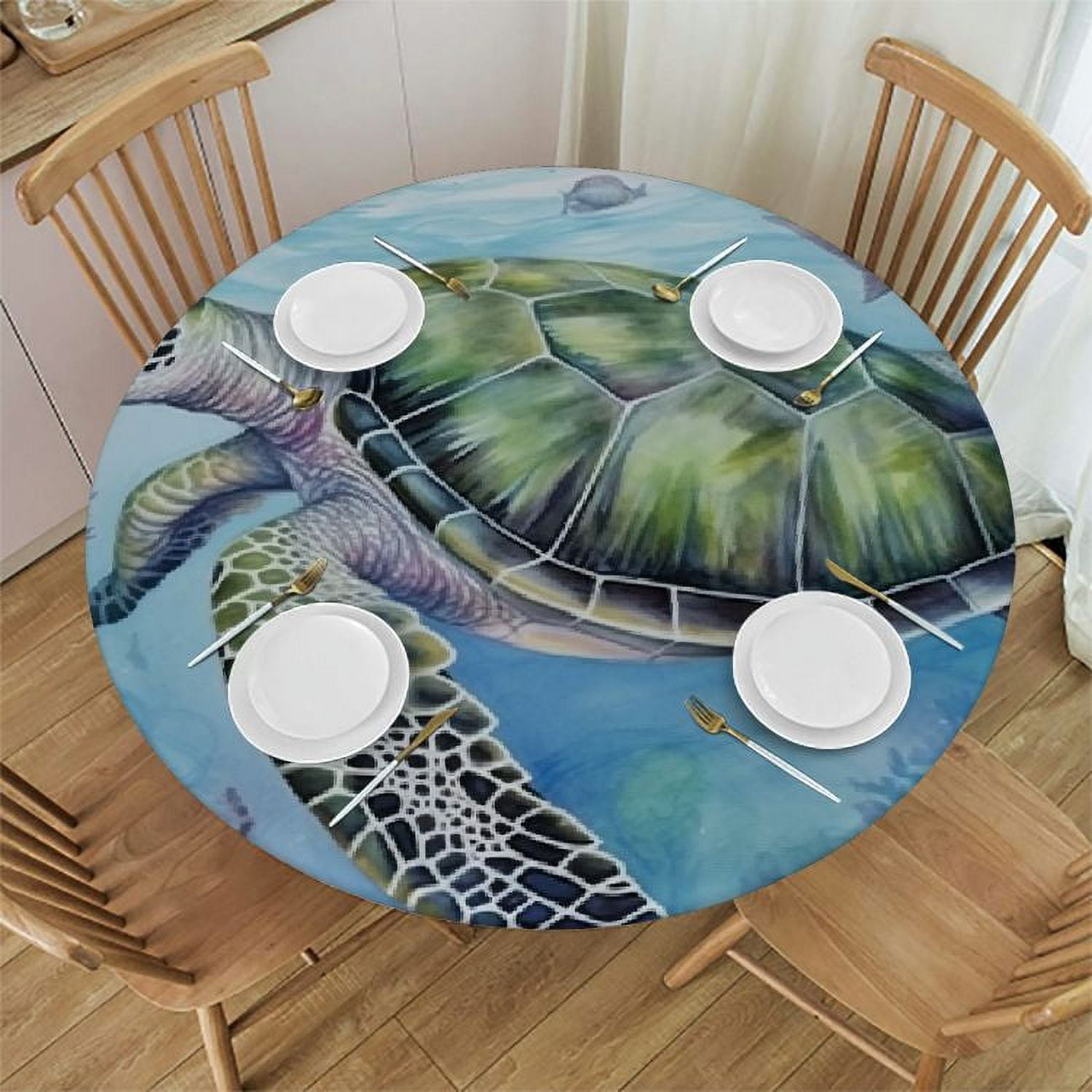 JEUXUS Turtle Seahorse Round Tablecloth with Elastic Edge,Watercolor ...
