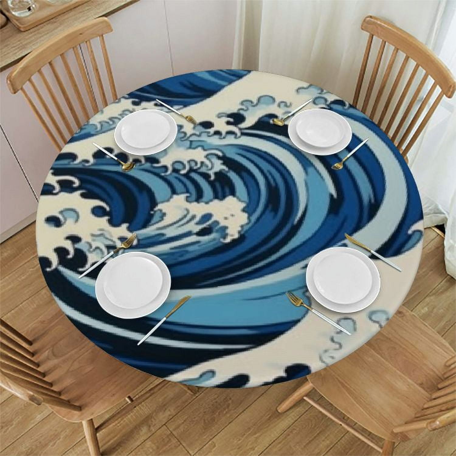 JEUXUS Ukiyo-e Style Waves Round Table Cover : Washable and Reusable ...