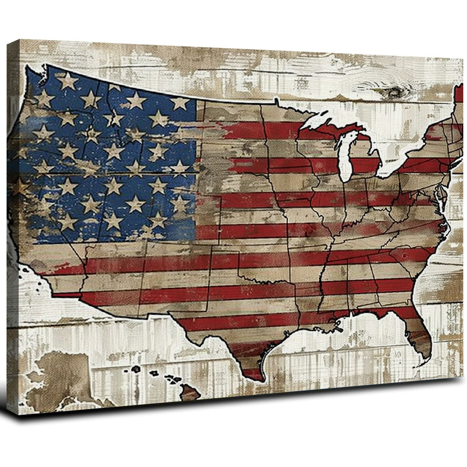 JEUXUS Vintage American Flag Canvas Wall Art Red White Blue Map Shape ...