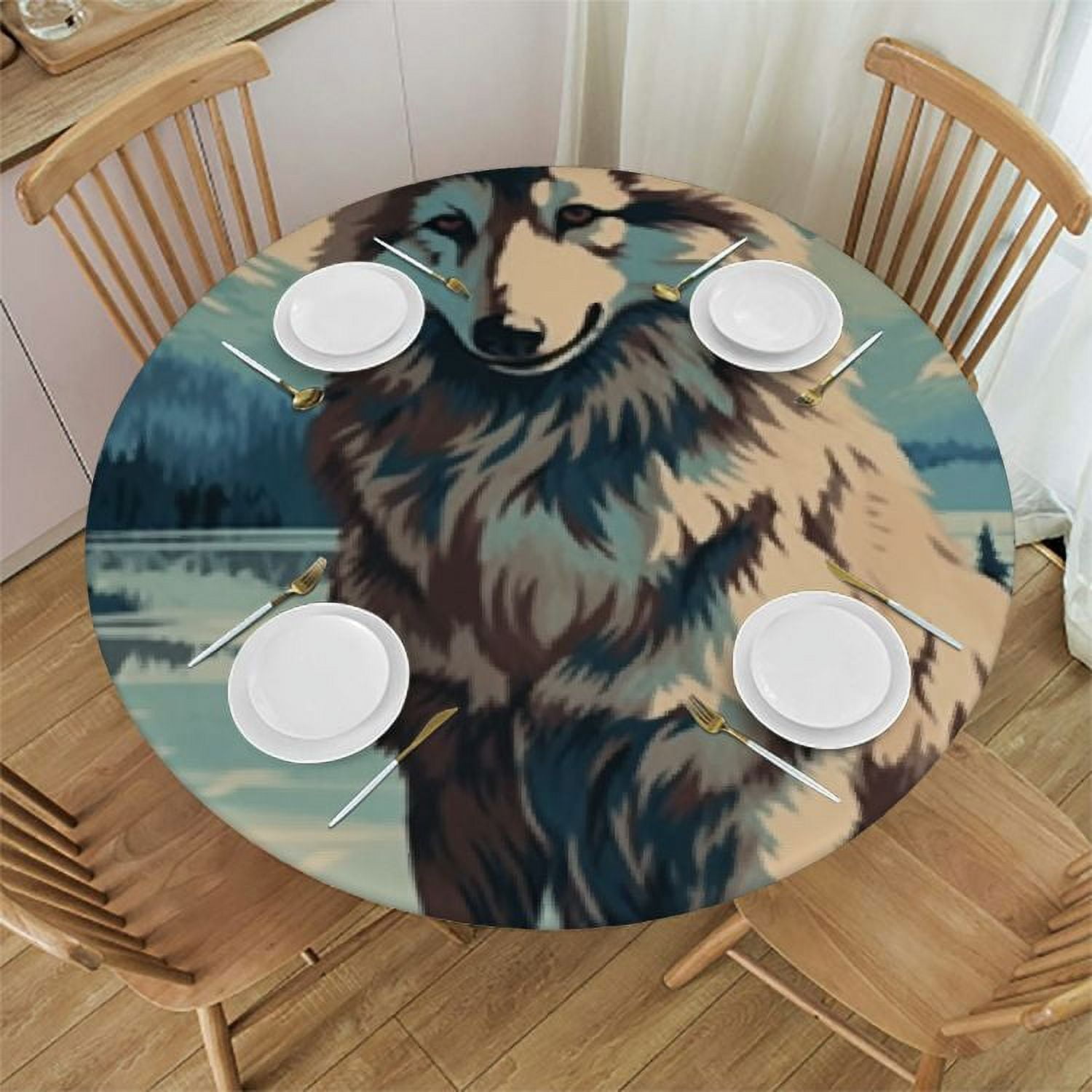 JEUXUS Vintage Animal Wolf Round Table Cover Elastic Fitted Edged ...