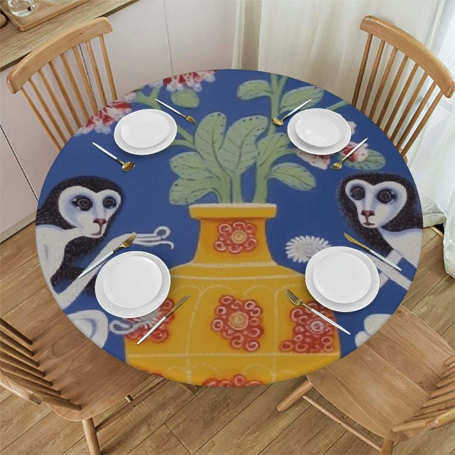 JEUXUS Vintage Chinoiserie Monkey Flower Round Tablecloth with Elastic ...
