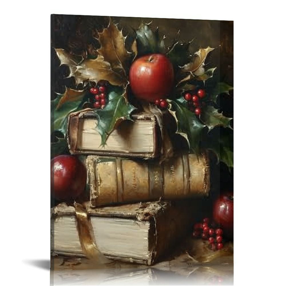 JEUXUS Vintage Christmas Canvas Wall Art, Rustic Books Art Still Life Pictures for Wall, Merry ...