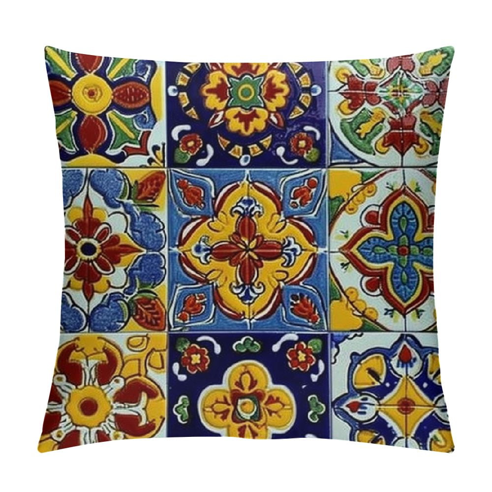 RUIYC Vintage Colorful Throw Pillow Covers Mexican Tiles Pattern Pillow ...