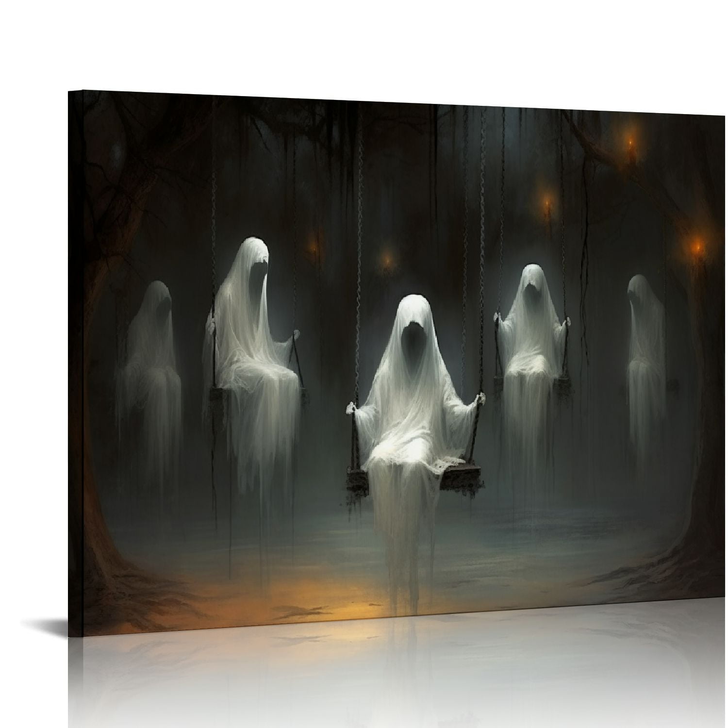 JEUXUS Vintage Cute Ghost Canvas Wall Art, Funny Ghost on A Swing in ...