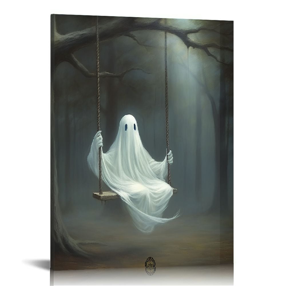 JEUXUS Vintage Cute Ghost Canvas Wall Art, Funny Ghost on Halloweeng in ...