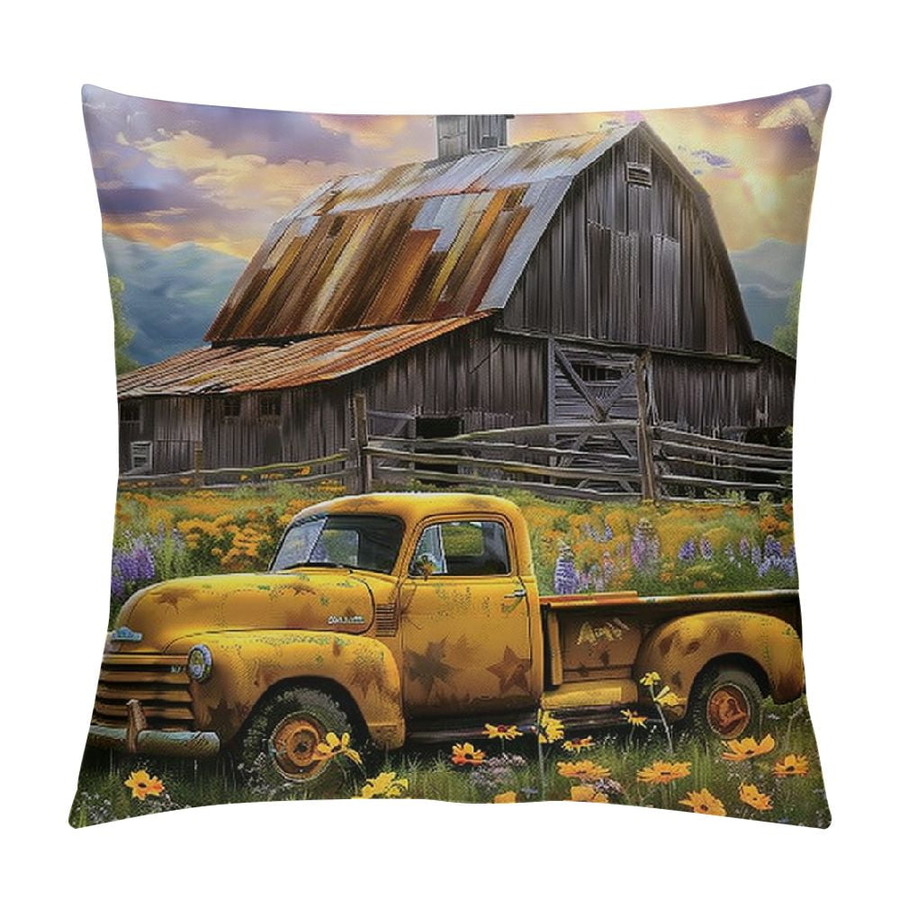 RUIYC Vintage Truck Throw Pillow Covers Spring Farmhouse Mountain Bird ...