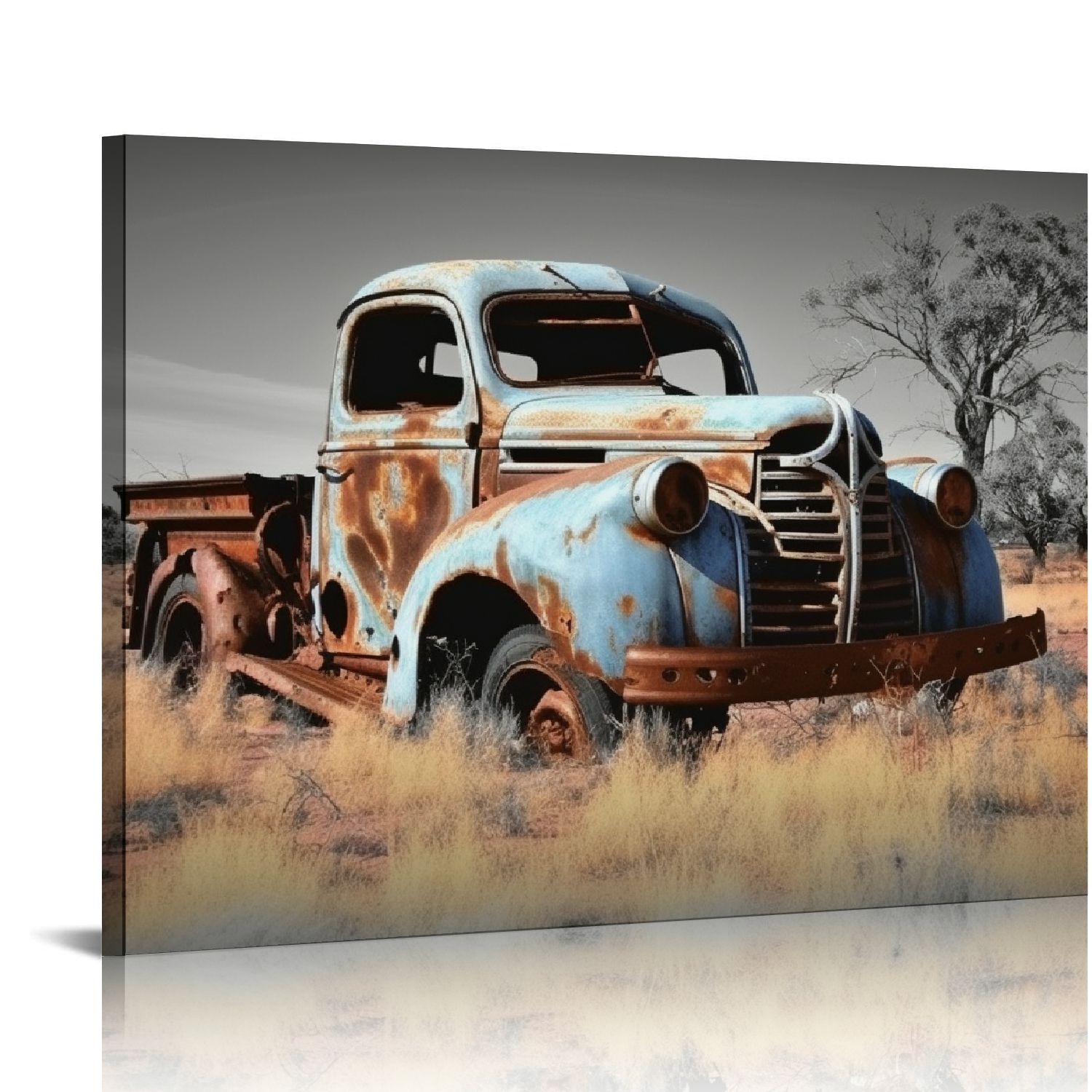 JEUXUS Vintage Truck Wooden Wall Art: Rusty Blue Car Painting Old ...