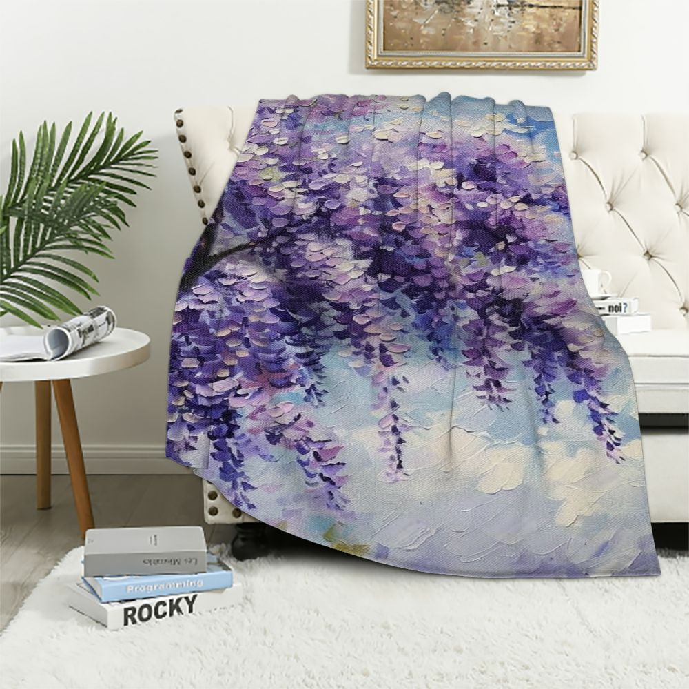JEUXUS Violet Natural Flower Watercolor Soft Plush Blankets White ...