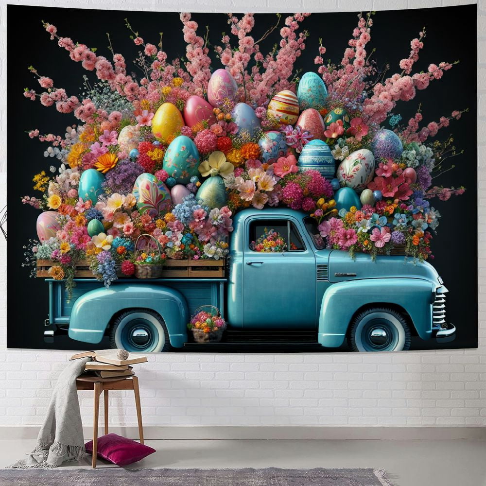 JEUXUS Wall Art Easter Egg Truck, Spring Floral Pink Cherry Aesthetic ...