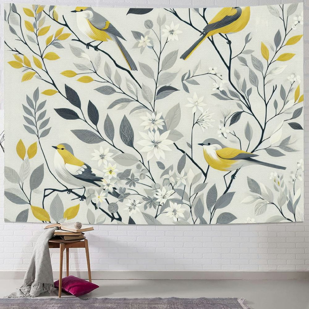 JEUXUS Wall Art Flowers Birds, Yellow and Gray Painting Photo Tapestry ...