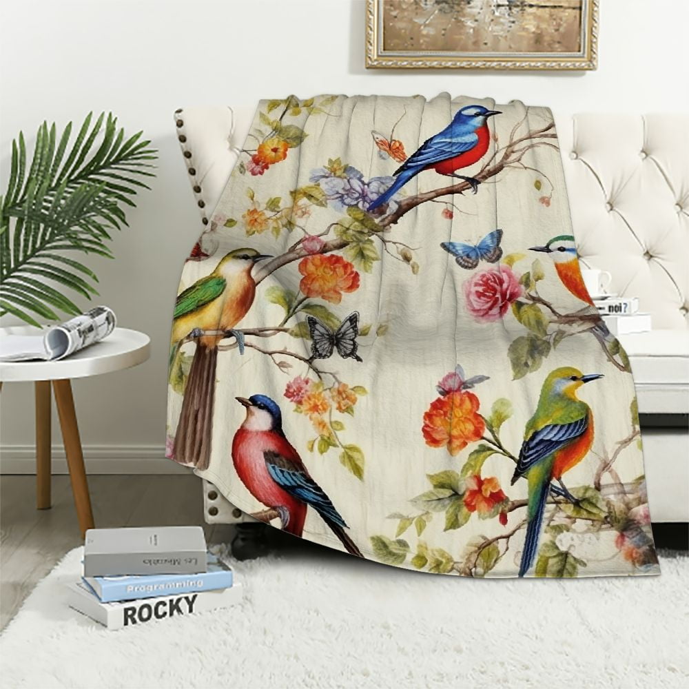 JEUXUS Watercolor Birds Throw Blanket Gifts for Girls, Vintage Beige ...