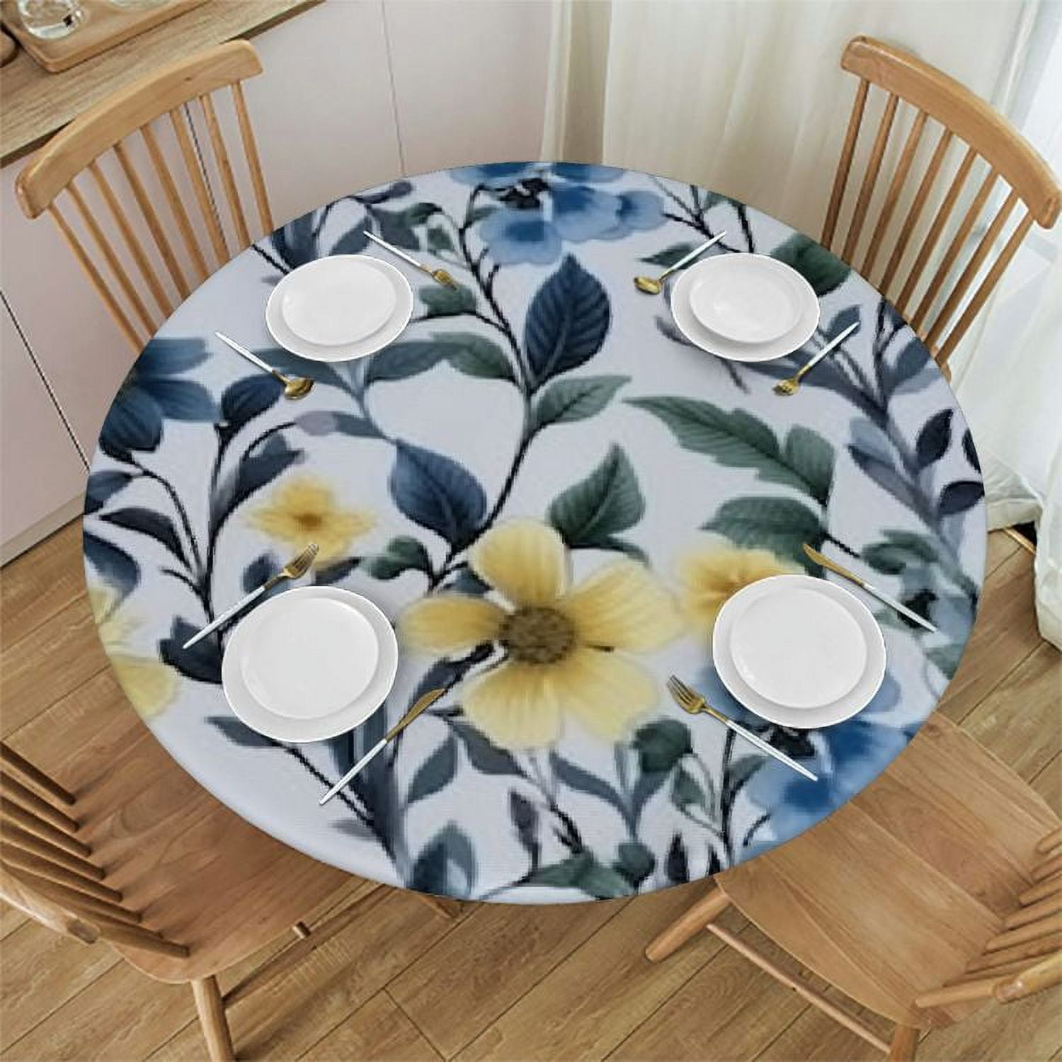 JEUXUS Watercolor Floral Table cover Round Waterproof Rustic Blue ...