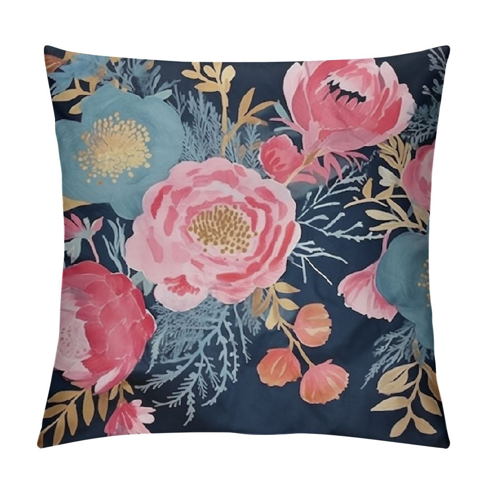 RUIYC Watercolor Flower Throw Pillow Cover Pink Peony Floral with Green ...