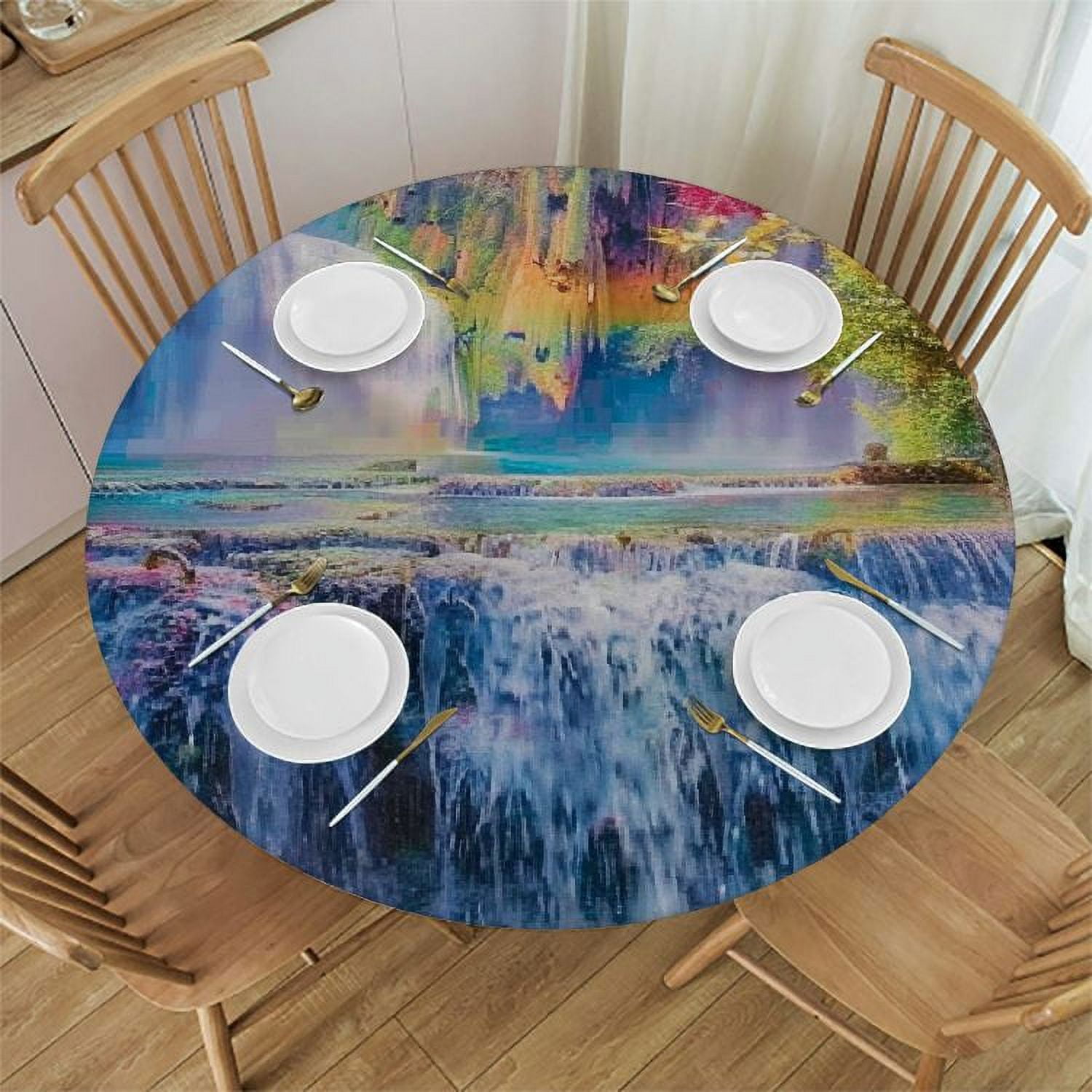 RUIYC Waterfall Decor Round Fitted Tablecloth with Elastic Edge,Rain ...