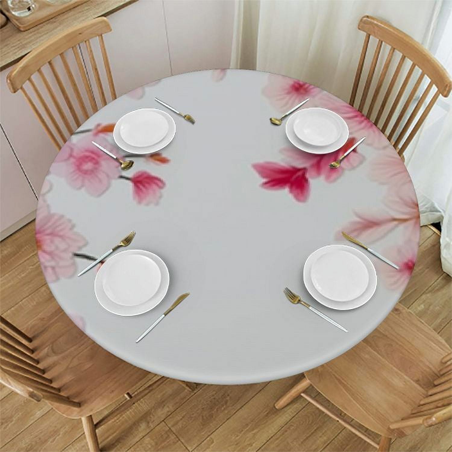 JEUXUS Waterproof Round Fitted Table Cover, Pink Cherry Blossoms ...