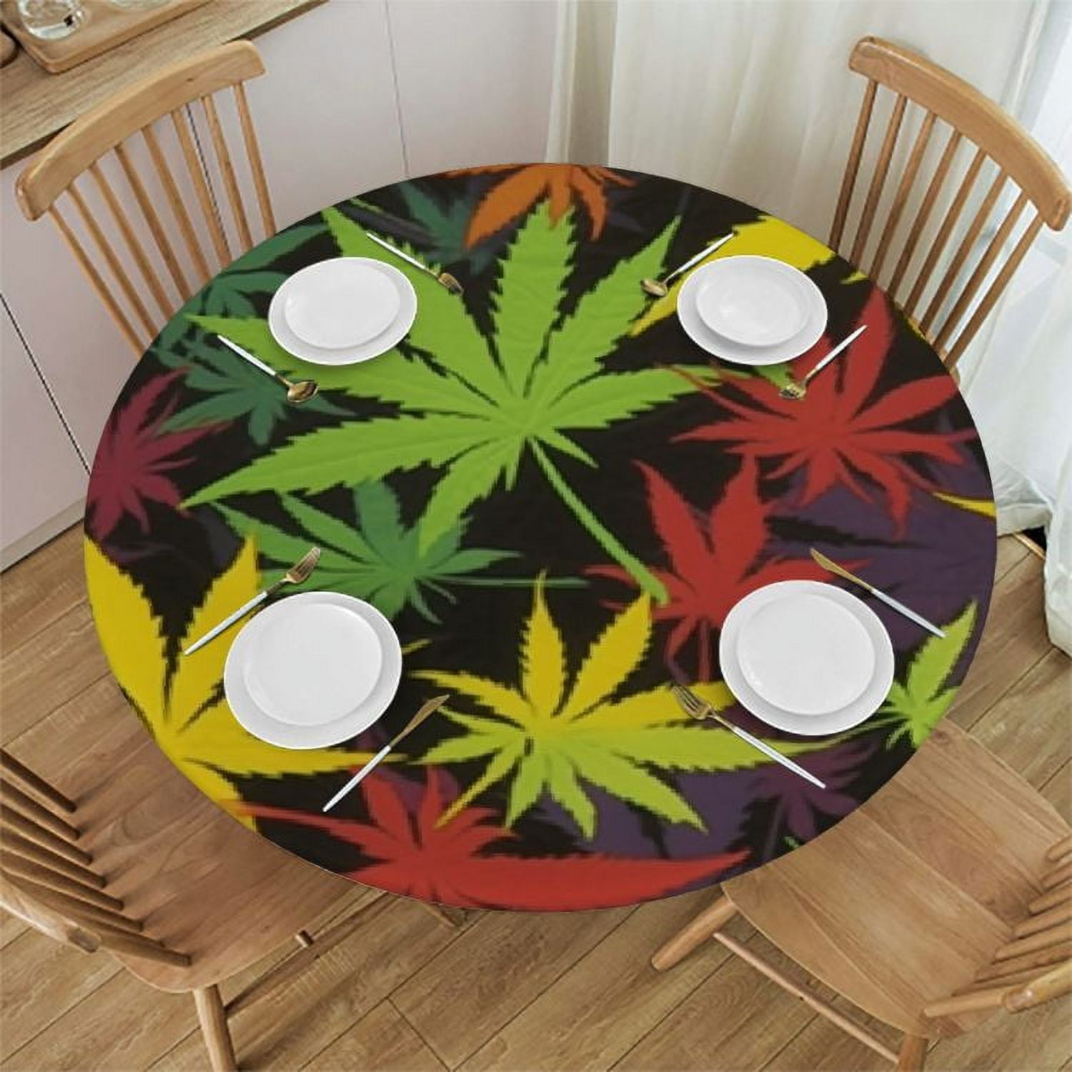 JEUXUS Weed Leaf Marijuana Round Tablecloth Waterproof Polyester Table ...