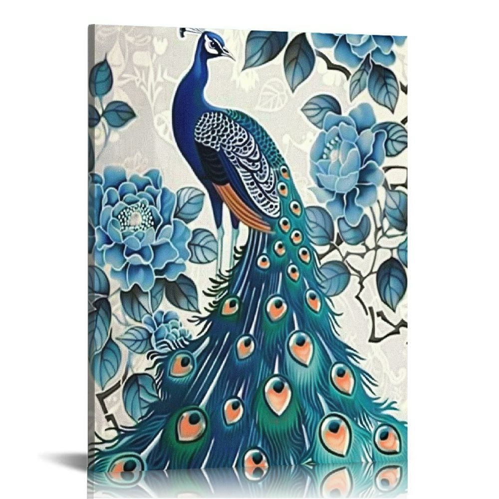JEUXUS White And Blue Floral Peacock Canvas Wall Art Aesthetic Peacocks ...
