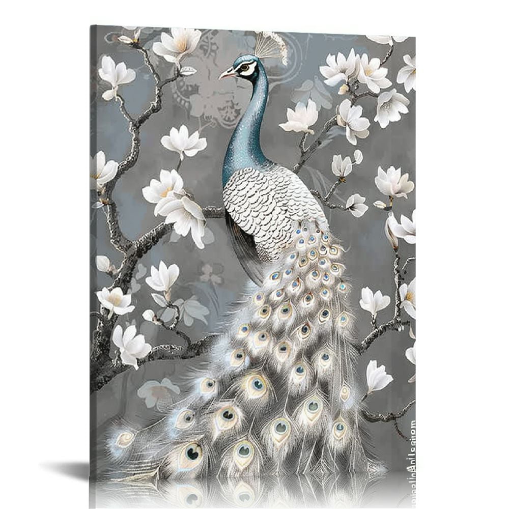 JEUXUS White Peacock Canvas Wall Art Elegant Bird and White Flower ...