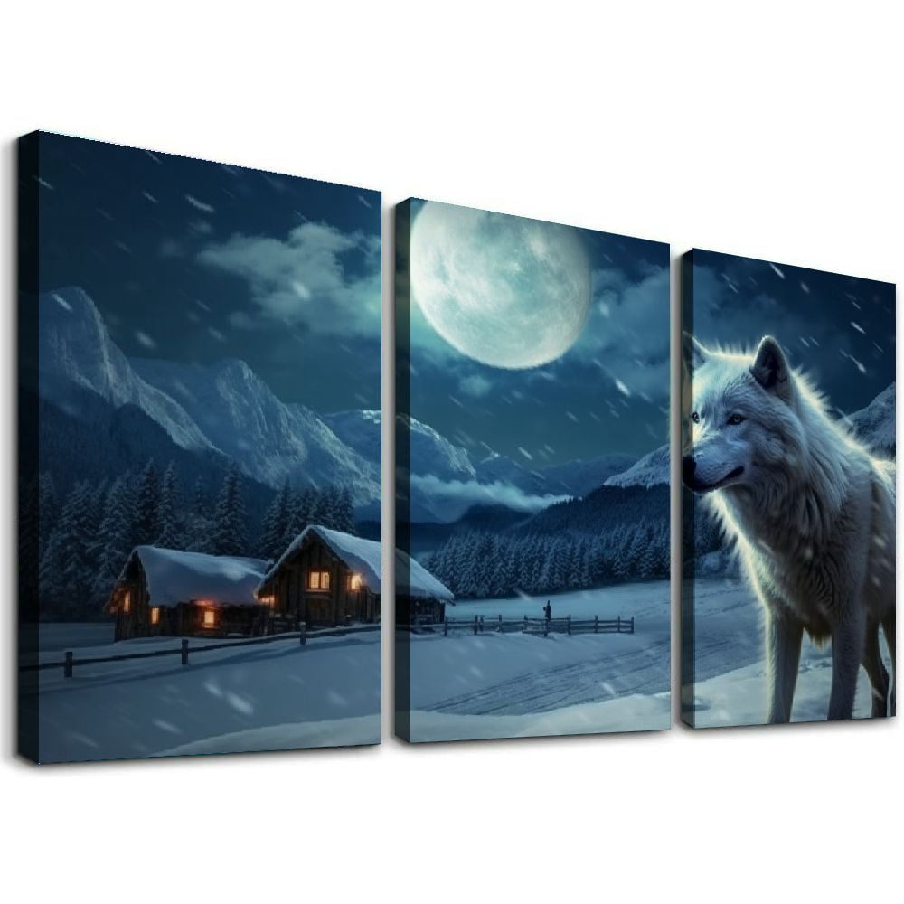 JEUXUS Wild Animals Canvas Wolf Wall Art Snow Night Moon Wolf Starry ...