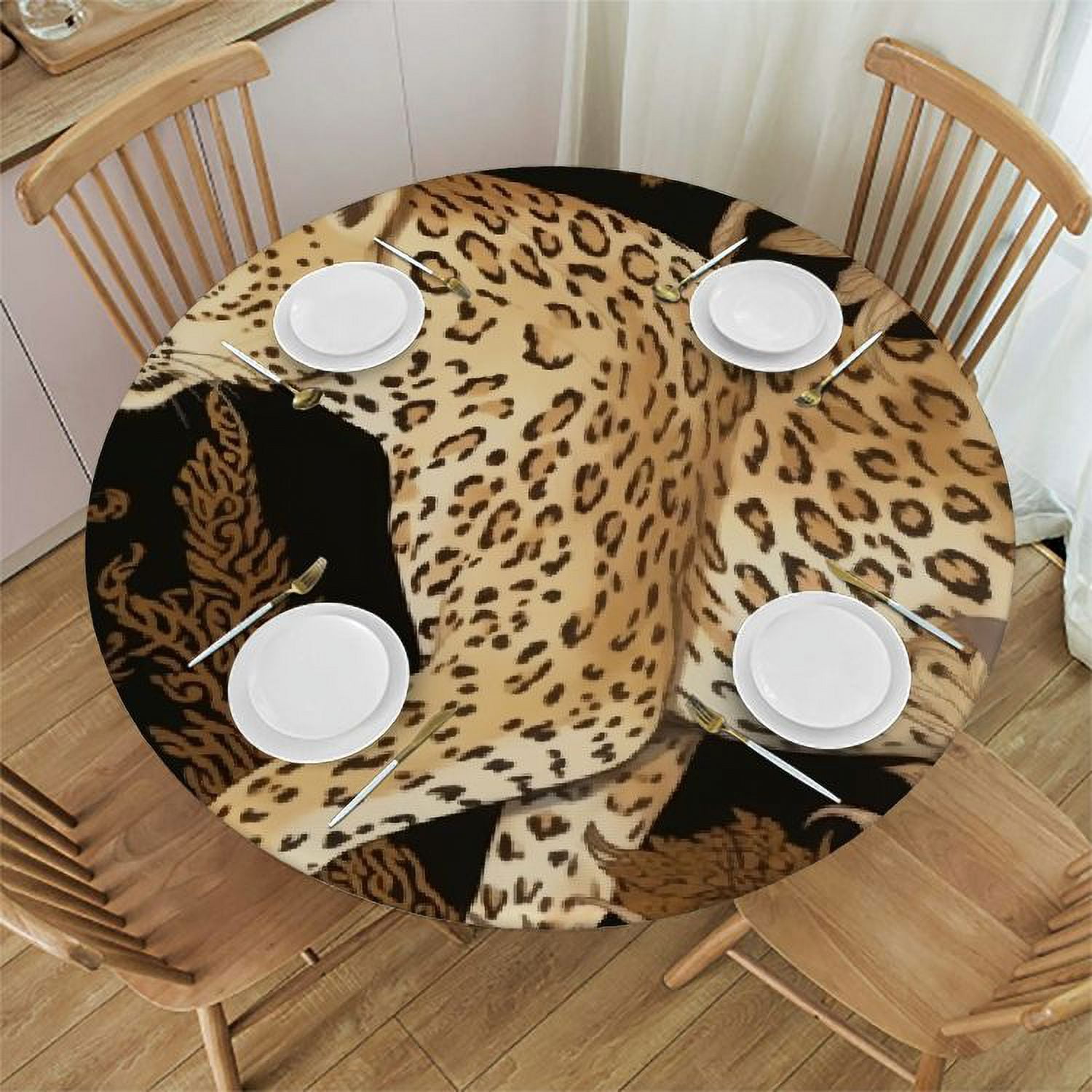 Jeuxus Wildlife Leopard Print Tablecloth Round Abstract Gold Flower