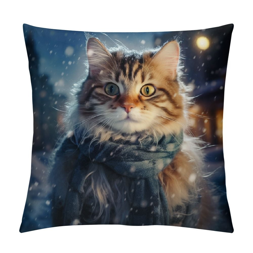 JEUXUS Winter Lumbar Pillow Cover Hello Winter Cat Snowflake Trees ...