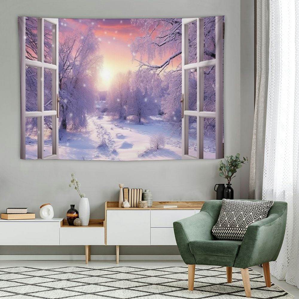 JEUXUS Winter Tapestry Pink Romantic Snow Scene Outside Window ...