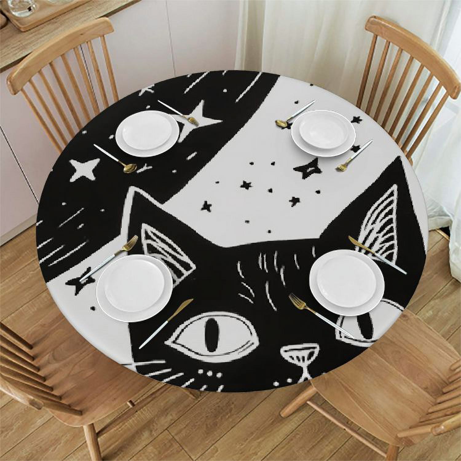 JEUXUS Witch's Cats Round Tablecloth Cute Halloween Gothic Kitty Stars ...