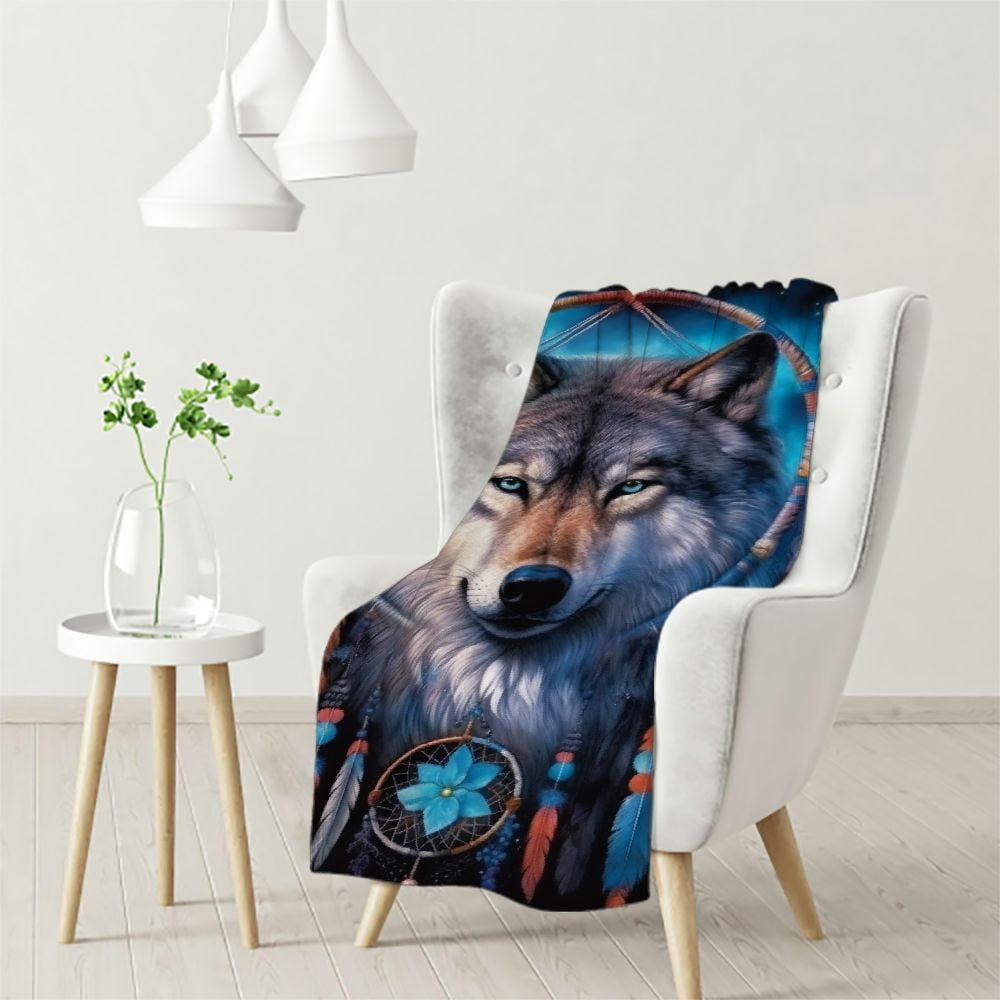 JEUXUS Wolf Dreamcatcher Throw Blanket Gifts for Boys, Navy Blue Wolf ...
