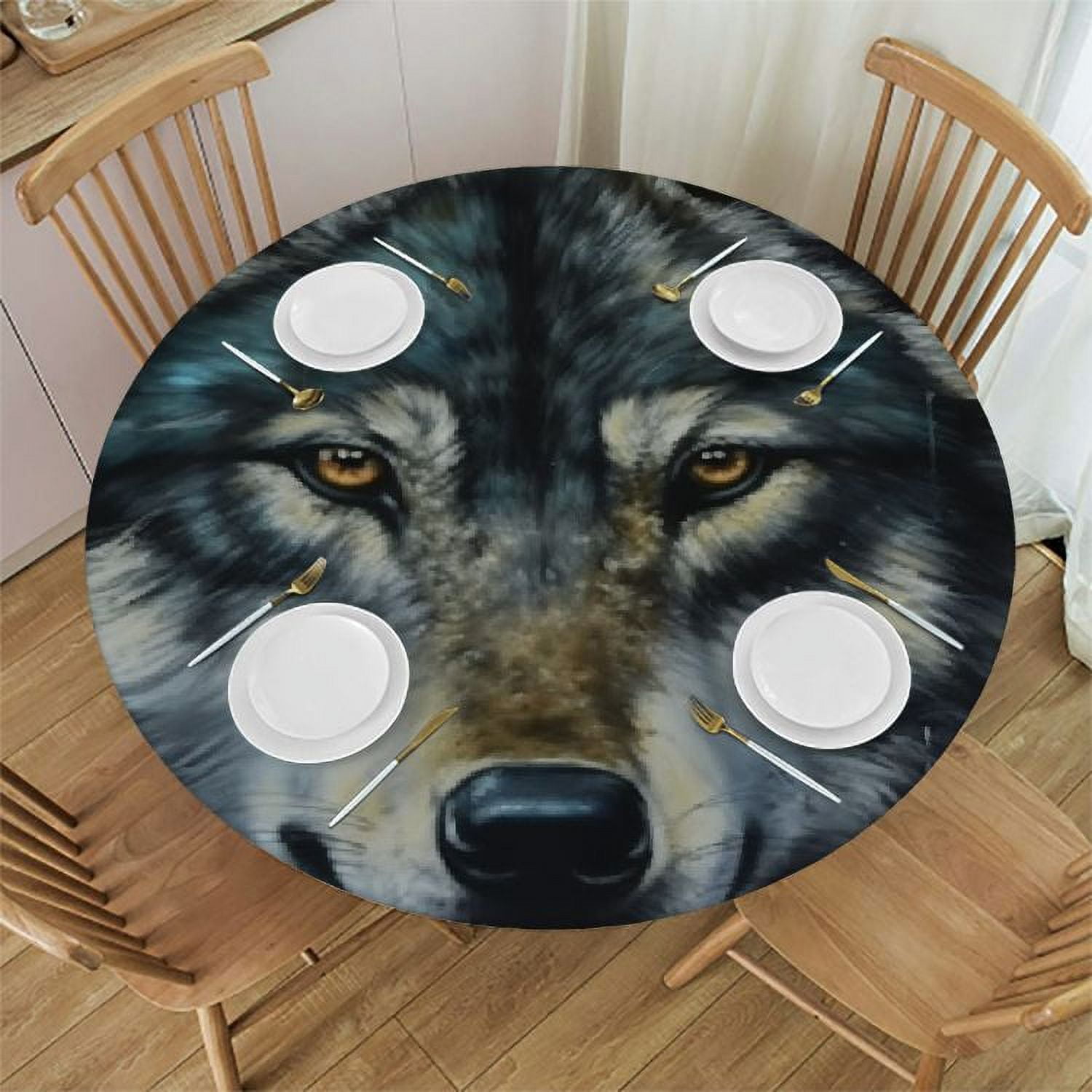 JEUXUS Wolf Head Round Tablecloth with Elastic Round Fitted Table Cover for Round Tables ...
