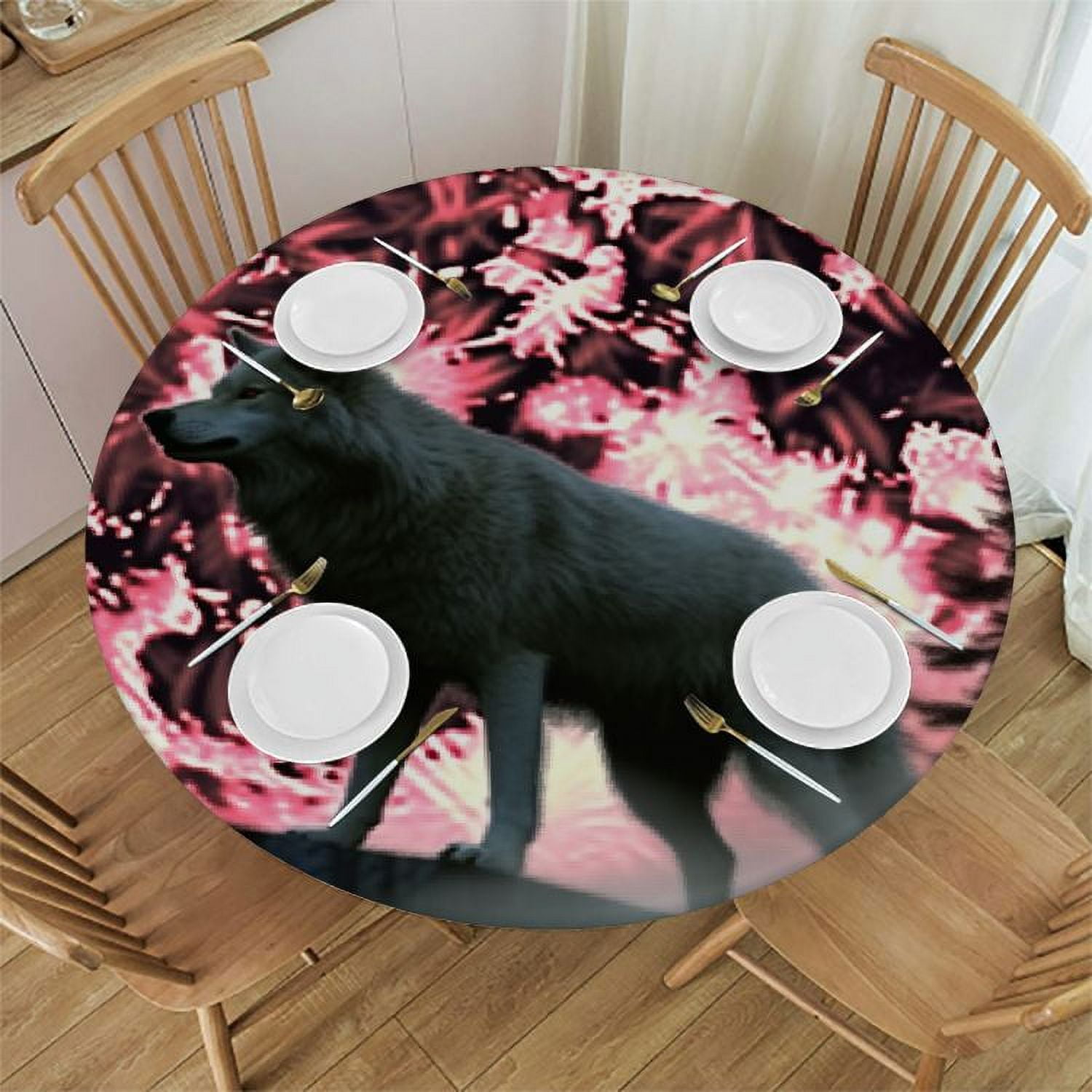 JEUXUS Wolf Howling Red Moon Round Tablecloth with Elastic Fitted ...